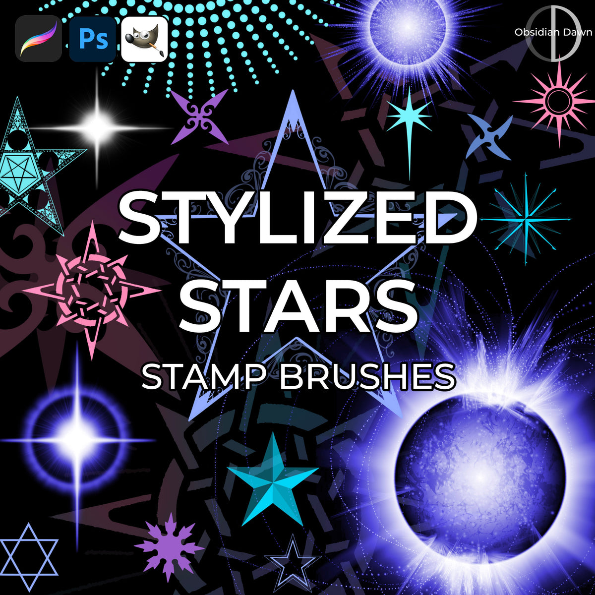 Stylized Stars Brushes - Photoshop, Procreate, GIMP — Obsidian Dawn